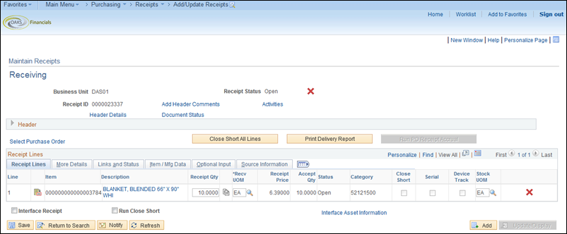 (PO) Creating a Receipt by Amount